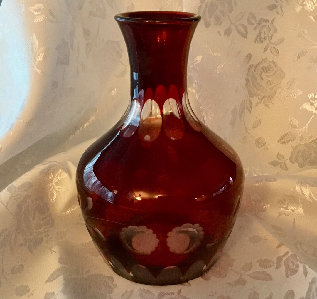 Vintage Ruby Red Cut to Clear Glass Carafe - Made in Poland or Romania ...