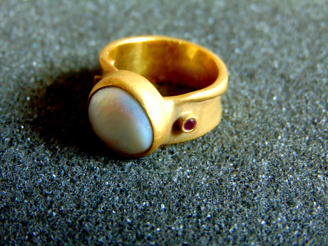 18k Gold Pearl Ring, Sold Gold Pearl and Rubies Ring,gold 750 Statement ...