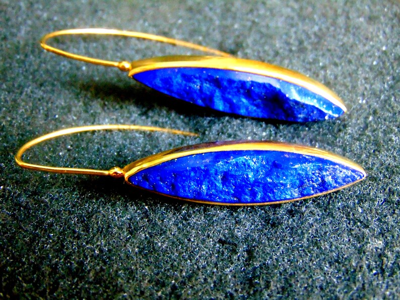 18k Gold Earrings,solid Yellow Gold Drop Earrings,rough Lapis Lazuli ...