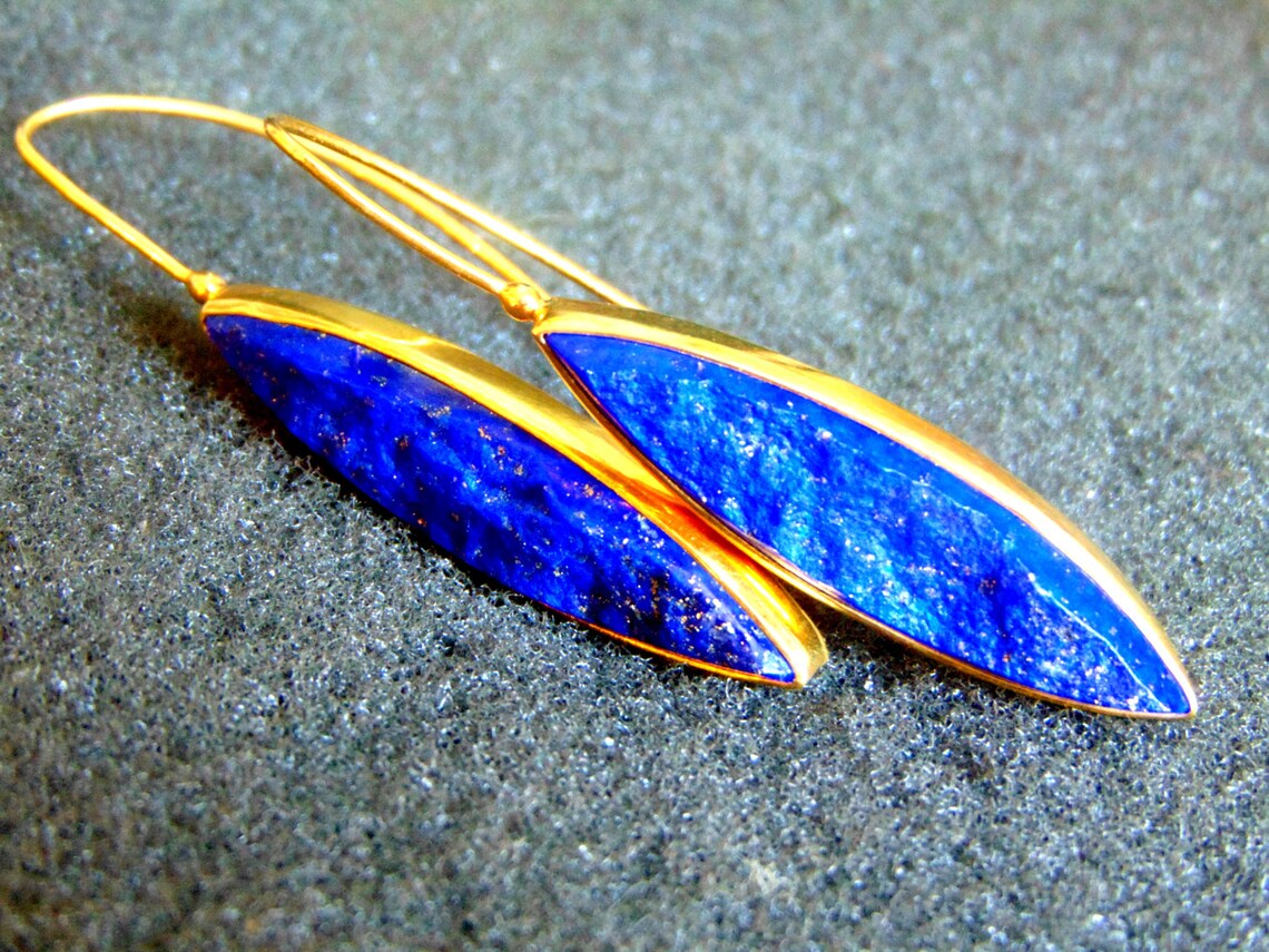 18k Gold Earrings,solid Yellow Gold Drop Earrings,rough Lapis Lazuli ...