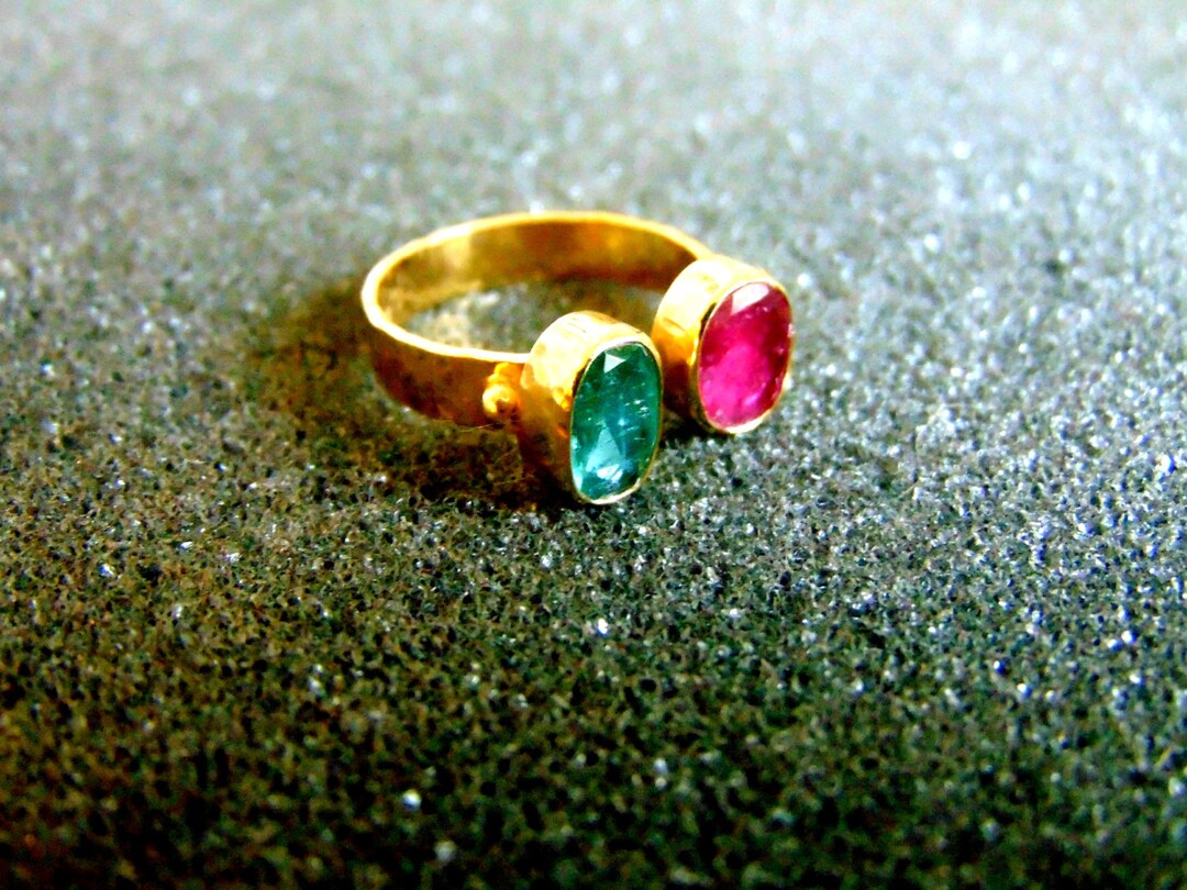 Dual Gemstone Ring, Hammered Open Gold Ring, Aquamarine Pink Tourmaline ...