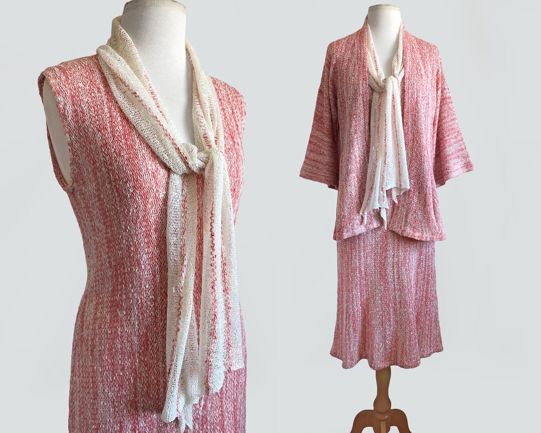 Vintage 70s Mary Farrin Pink Knit Crochet Dress & Cardigan - Etsy