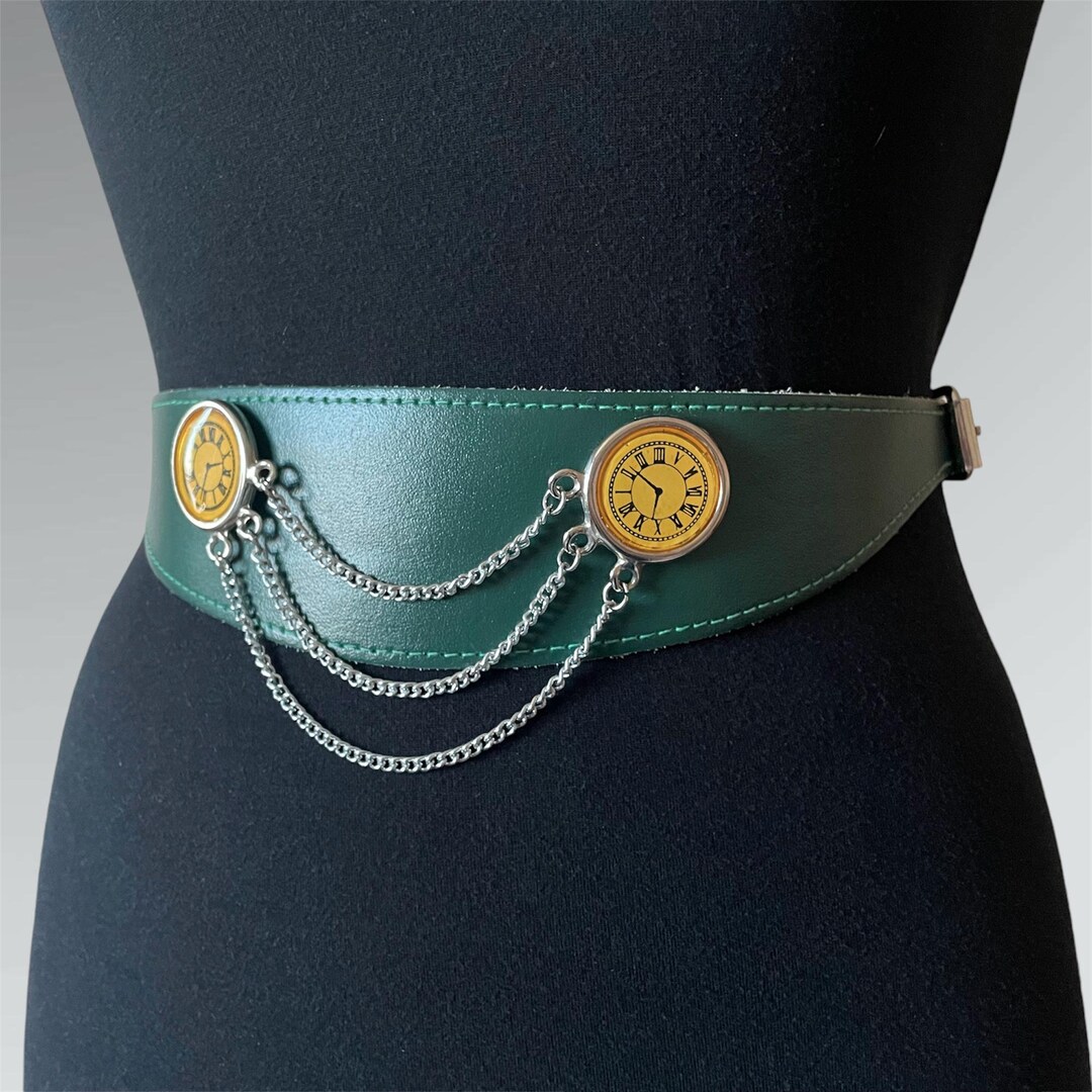 Vintage 80s Novelty Clock Green Leather Belt With Silver Tone Chains ...