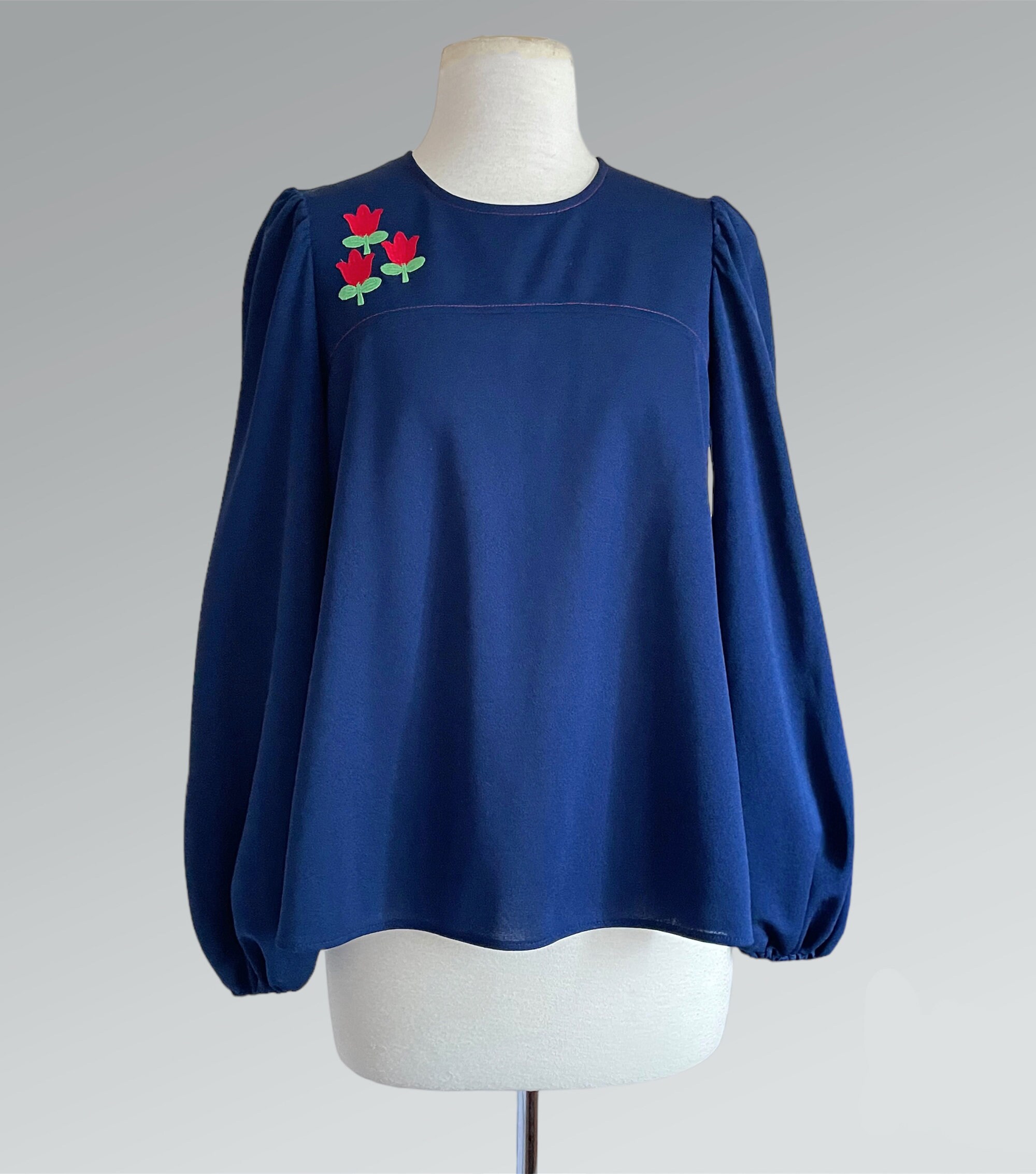Vintage 70s St-michael Tulip Embroidered Blue Billow Sleeve Blouse ...