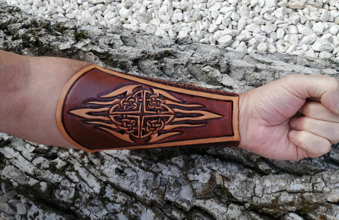 Hand Carved Leather Archery Bracer, Armguard. Celtic Flame Pattern ...
