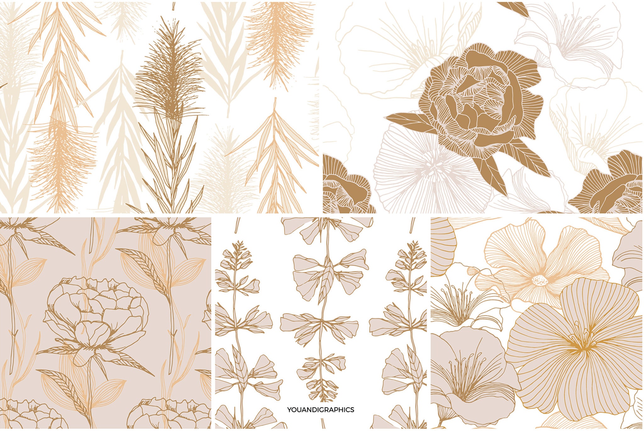 Elegant Floral Digital Paper, Hand-drawn Flower Patterns (digital ...