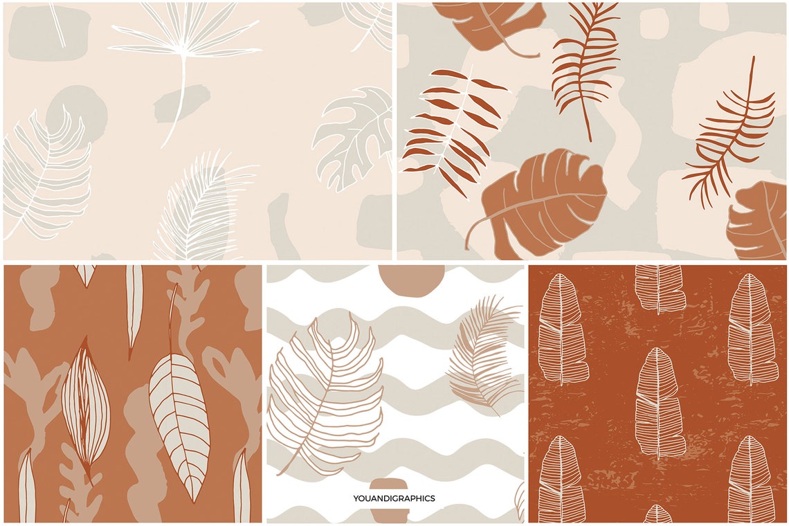 Tropical Leaves Backgrounds Digital Paper Hand-drawn Jungle | Etsy