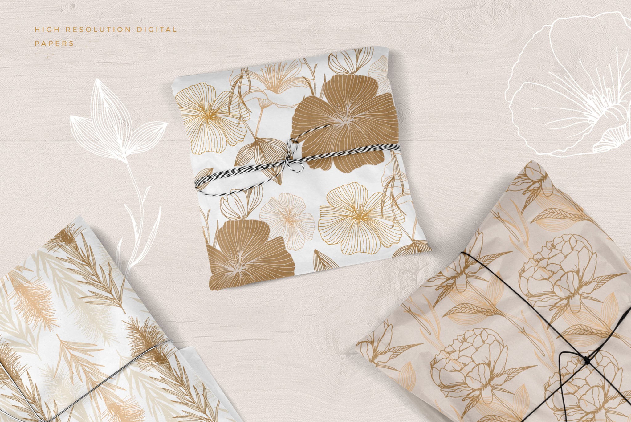 Elegant Floral Digital Paper, Hand-drawn Flower Patterns (digital ...