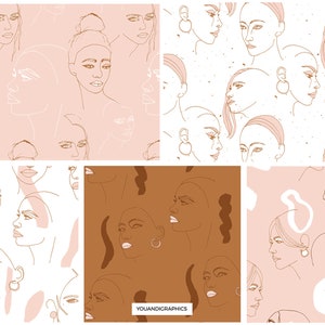 Women Pattern Prints, Faces Backgrounds, Digital Papers, Lineart Hand ...