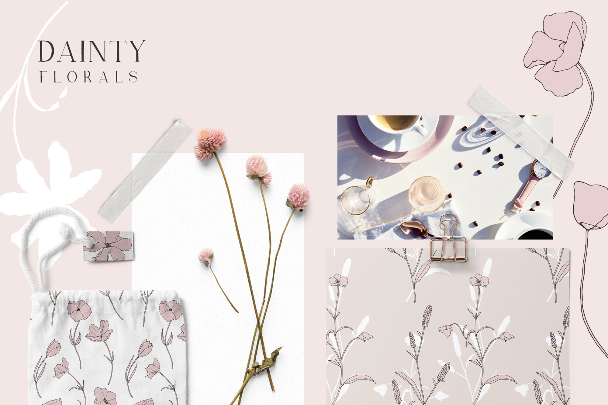 Dainty Floral Backgrounds digital papers hand-drawn pink | Etsy