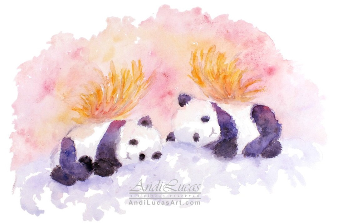 Original Signed Watercolour Painting Fantasy Art Sleeping Pandas Angel ...