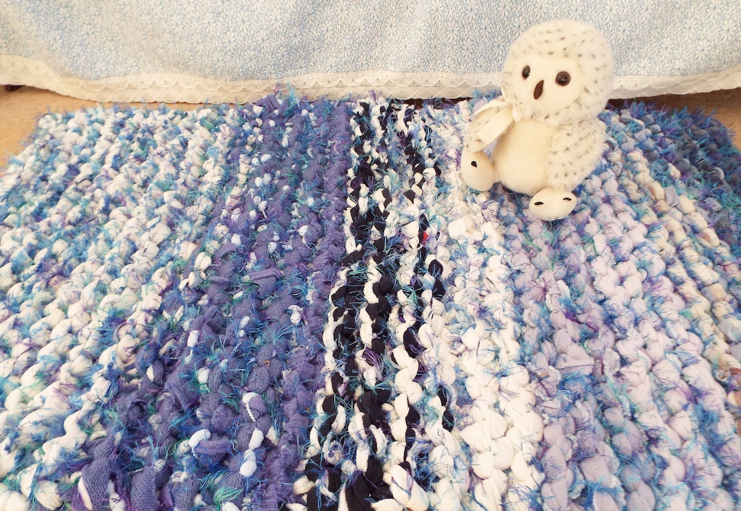 Hand Knitted Chunky Thick Recycled Rug Lavender Blue and White Hand ...