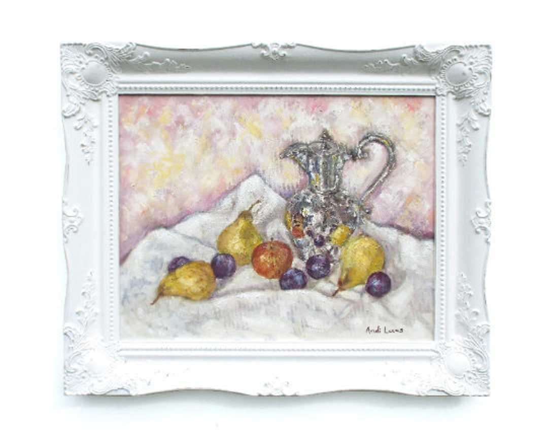 Fruits and Silver Coffee Pot Still Life Oil Painting Signed Framed ...