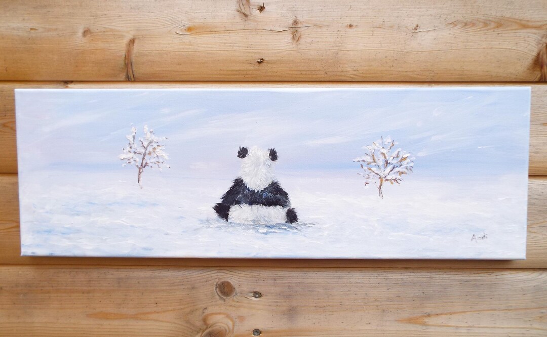 Original Signed Painting Panda Winter Landscape Snow Scene 20x60cm Andi ...