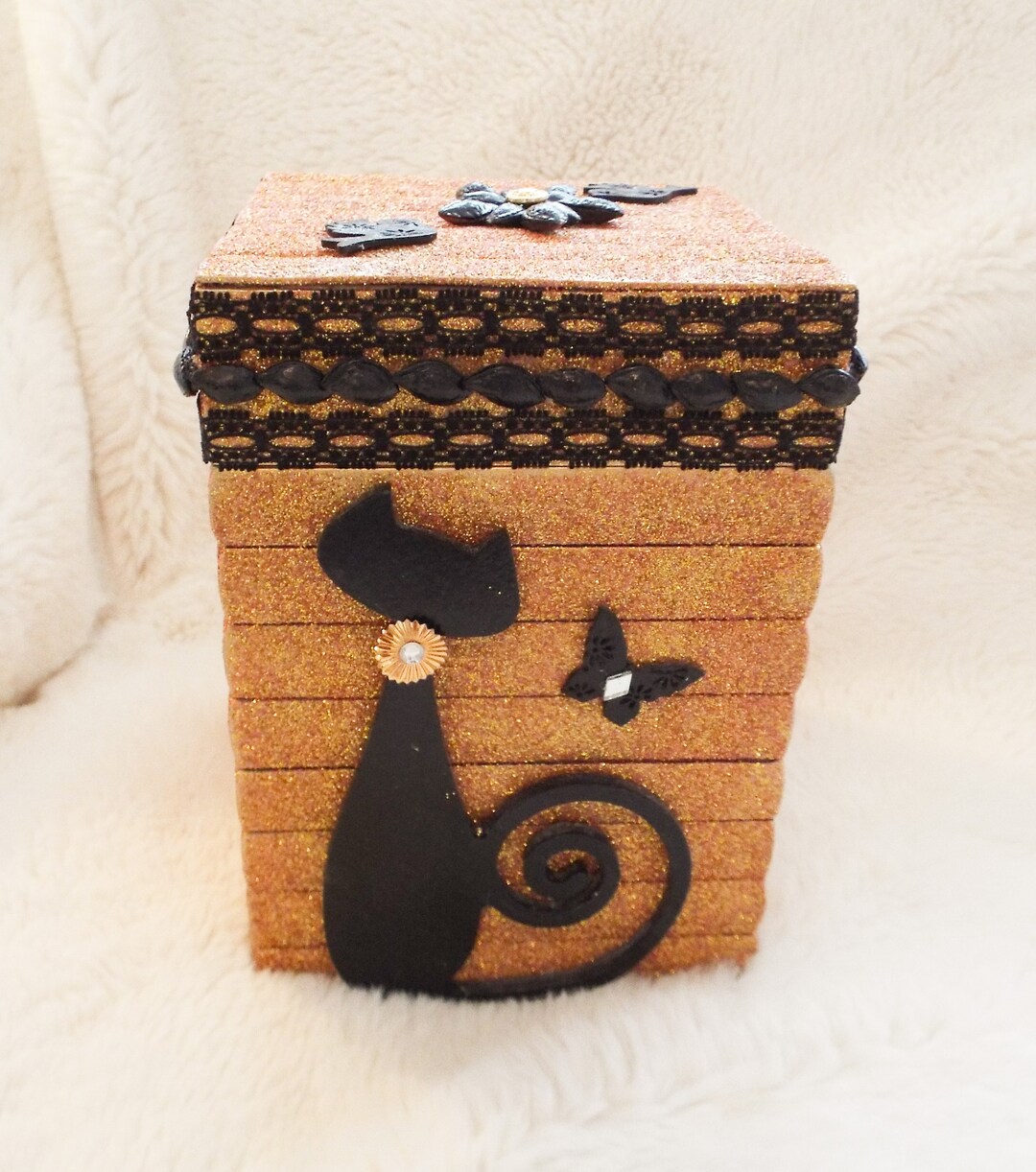 Gold Glitter Black Cat Storage Box Upcycled Wooden Storage Black Cat ...