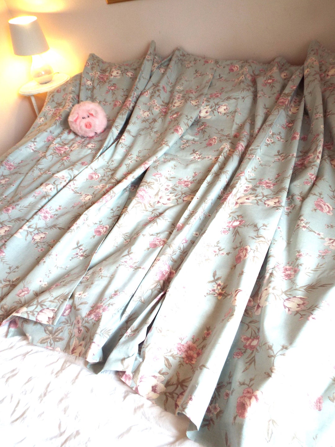 Muted Duck Egg Blue Floral Curtains Long Thermal Lined Curtains Muted ...