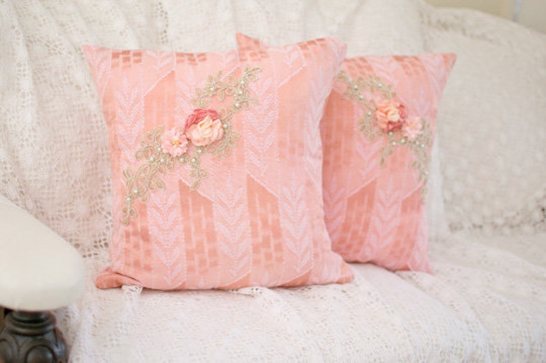 Pair of Vintage Floral Cushions Pink Roses Pillows Pink Brocade Throw ...