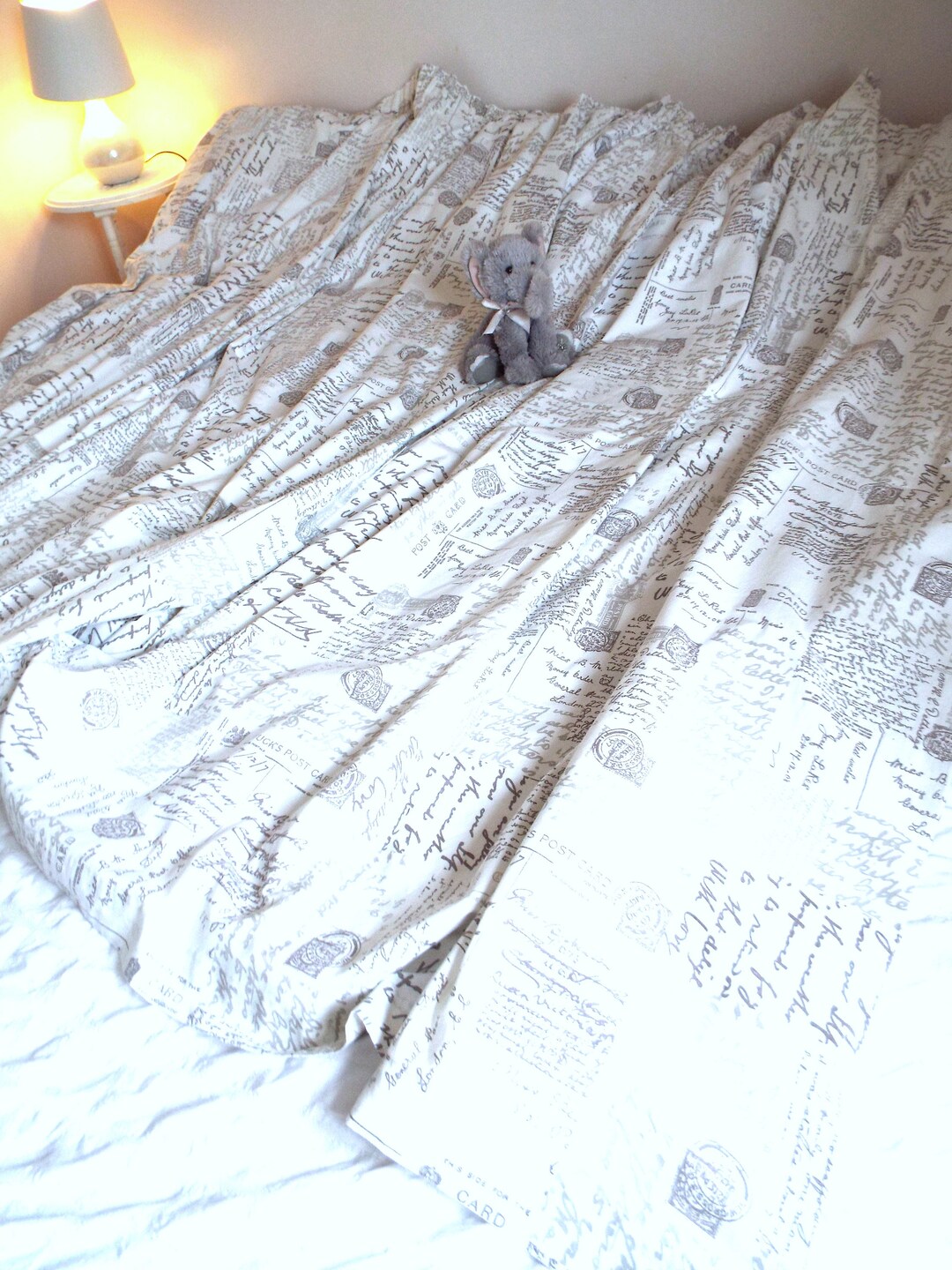 White Cotton Grey Postcard Writing Curtains Long Thermal Lined Curtains ...