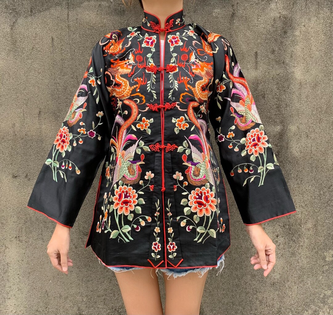 Vintage Chinese Hand Embroidered Jacket, Dragon Embroidery Robe Blouse ...