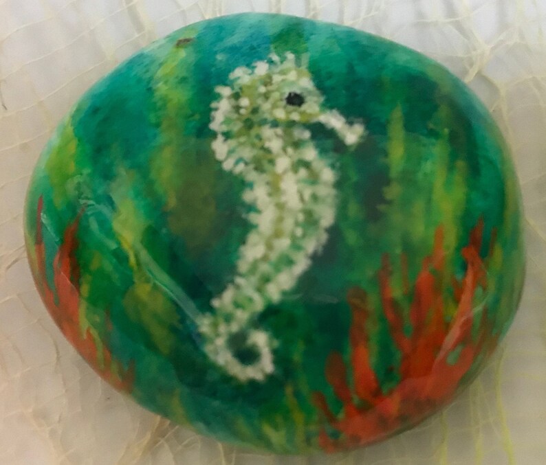 Painted Rock of Seahorse with Coral | Etsy