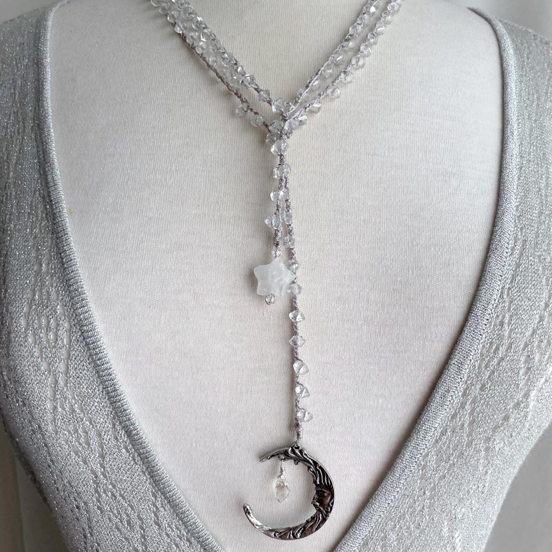 Moon & Star Lariat, Long Celestial Lariat, Crocheted Star and Moon Charm Lariat, Vintage Bead ...