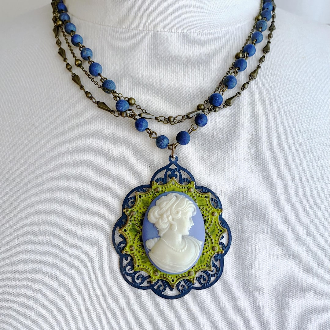 Handmade Blue Cameo Necklace: Lapis & Brass Triple Chain - Etsy