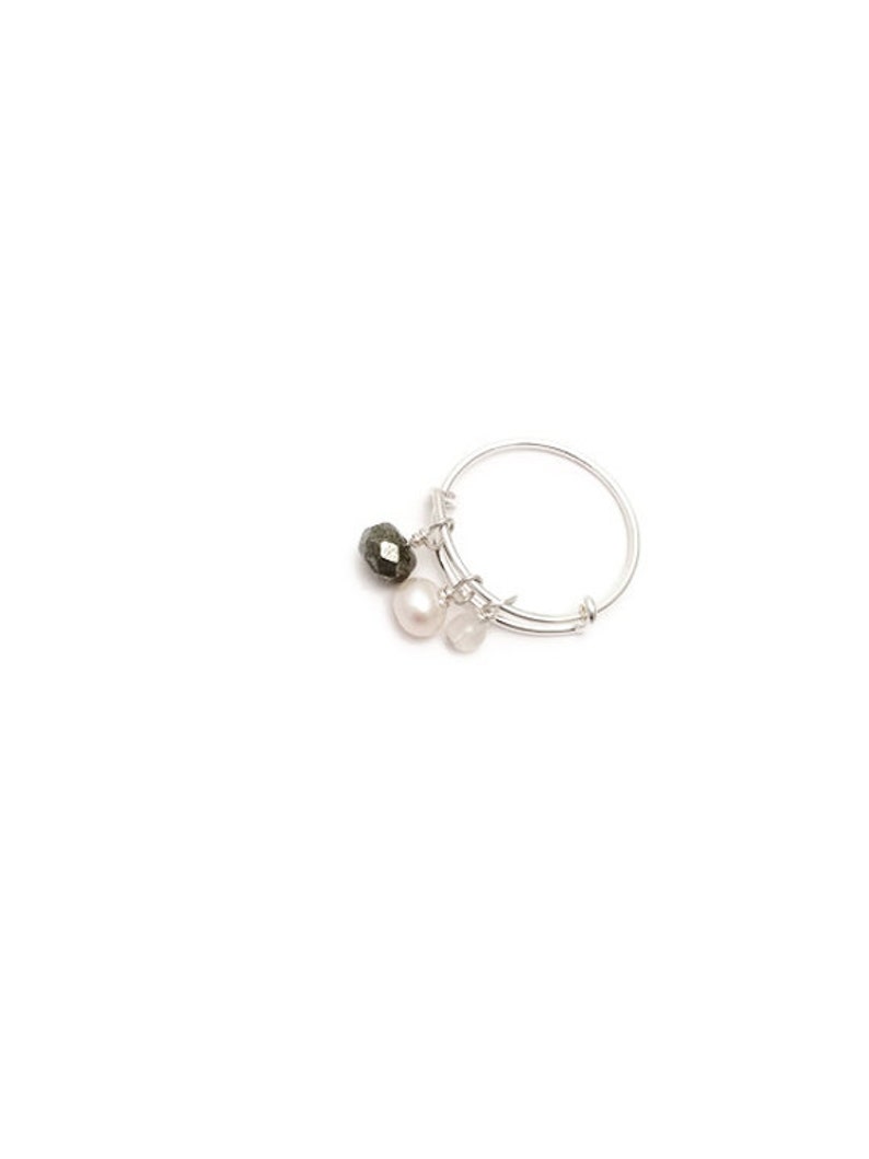 Pearl Charm Ring, Pyrite Ring, Pearl Dangle Ring, Stacking Ring, Adjustable Sterling Ring ...