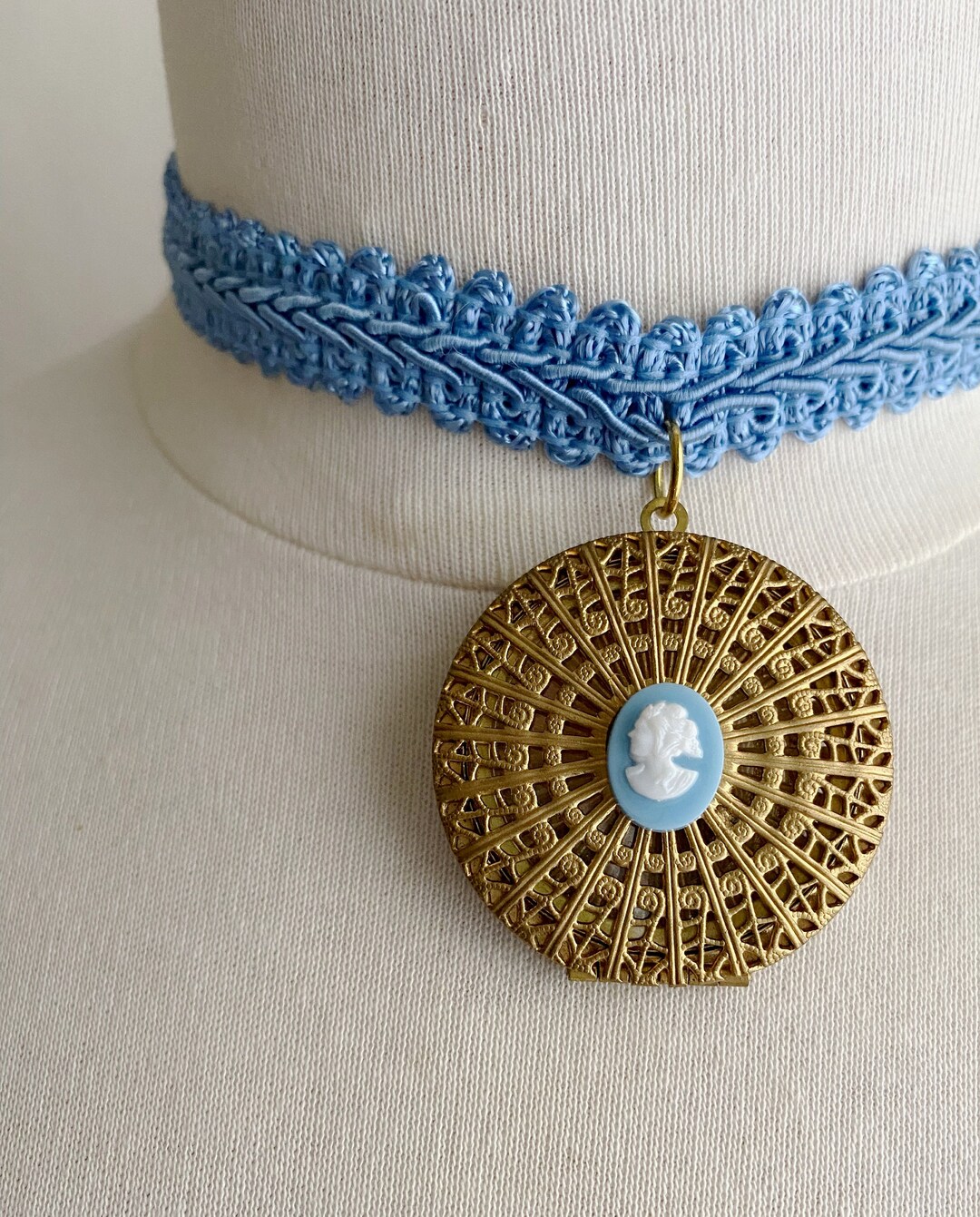 Blue 90's Style Choker With Vintage Filigree Cameo Locket - Blue Ribbon ...