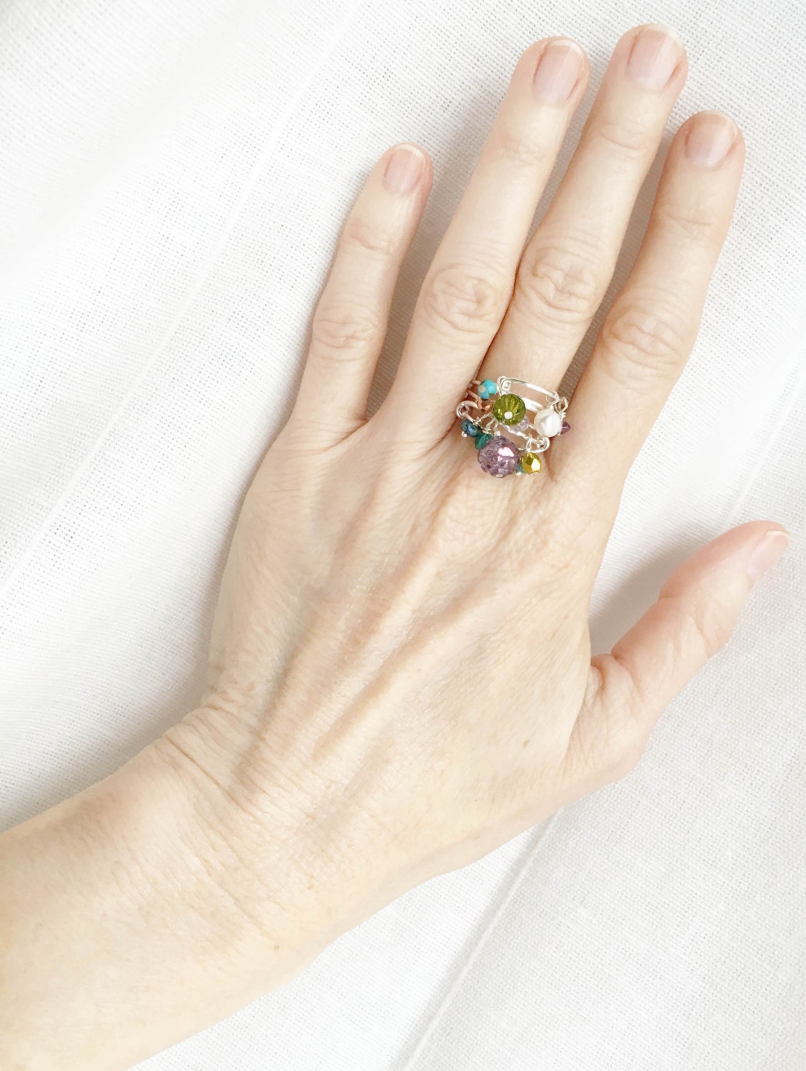 Pearl charm ring pyrite ring pearl dangle ring stacking | Etsy