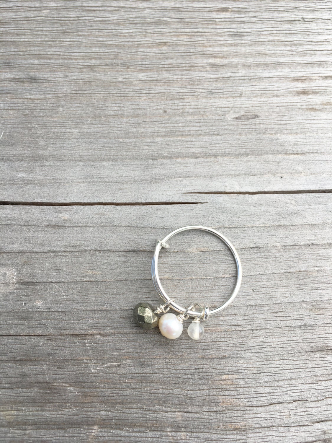 Pearl charm ring pyrite ring pearl dangle ring stacking | Etsy