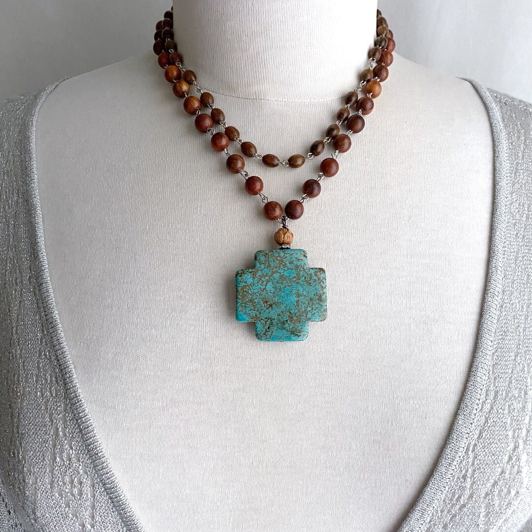 Turquoise Cross Pendant on Multi Strand Wood Bead Chain, Chinese ...