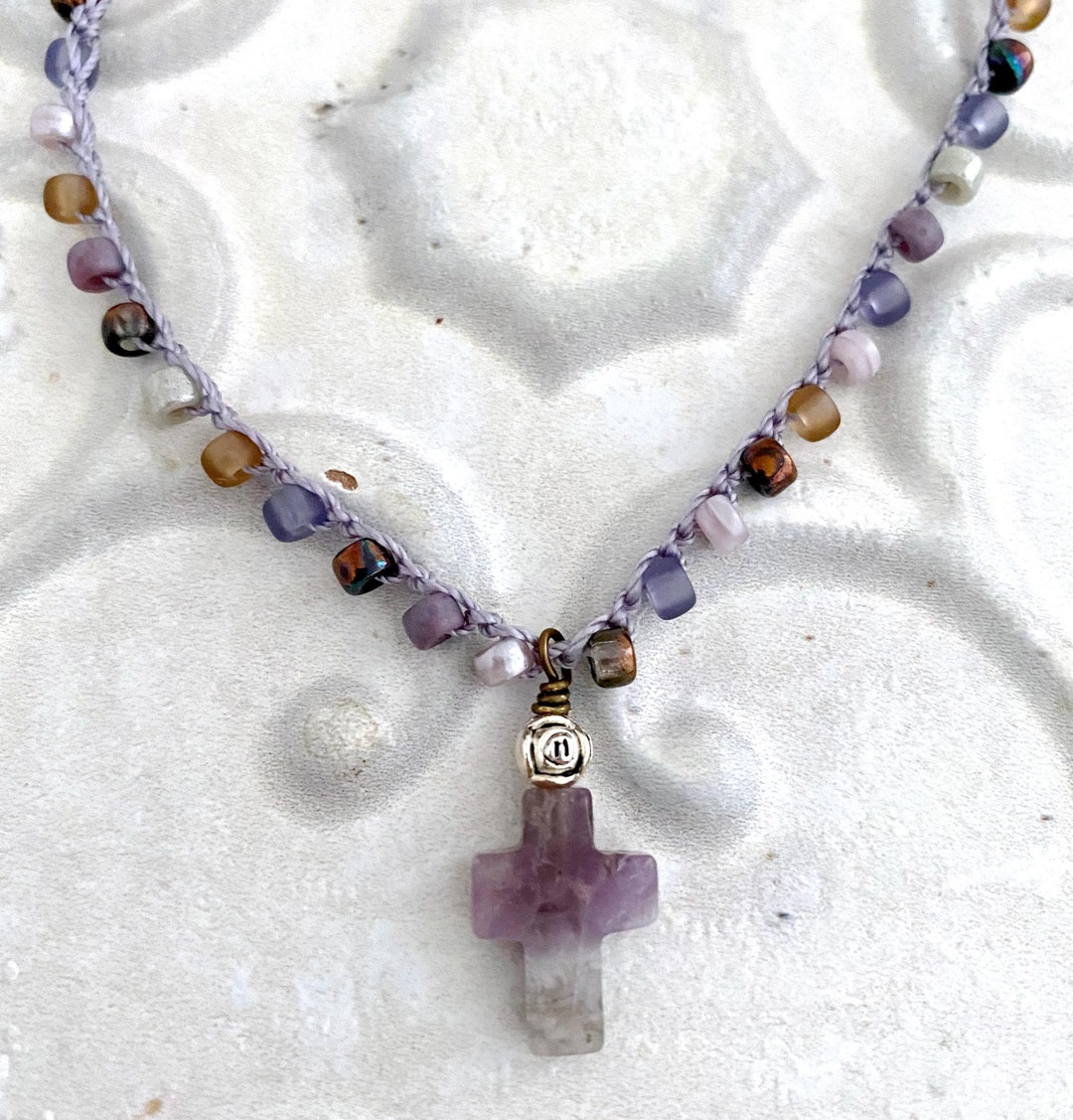 Amethyst Cross Necklace, Amethyst Cross on Crocheted Czech Glass Bead ...
