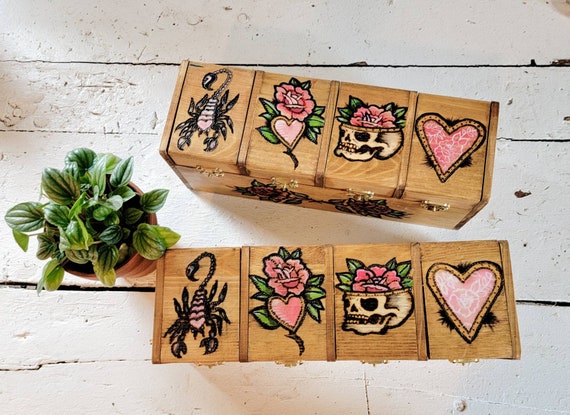 WOODBURNED TATTOO COMPARTMENT Box Wooden Stash Box Tattoo | Etsy