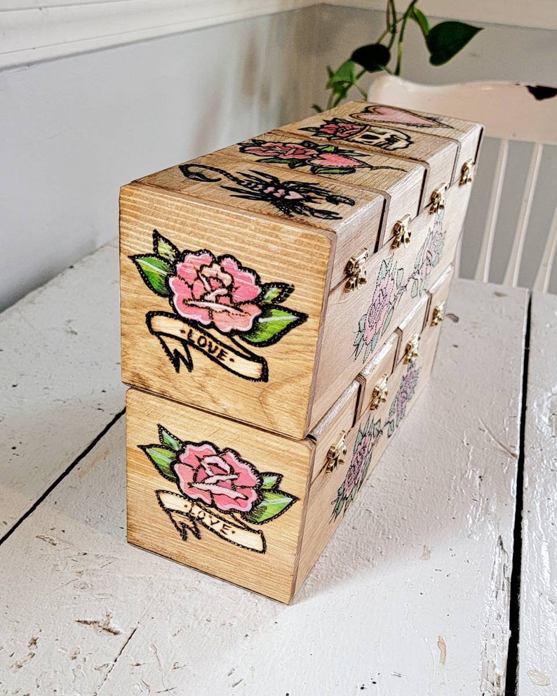 WOODBURNED TATTOO COMPARTMENT Box Wooden Stash Box Tattoo - Etsy