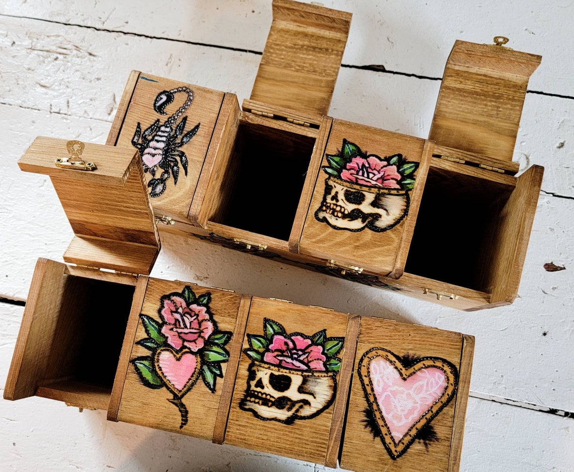 WOODBURNED TATTOO COMPARTMENT Box Wooden Stash Box Tattoo - Etsy