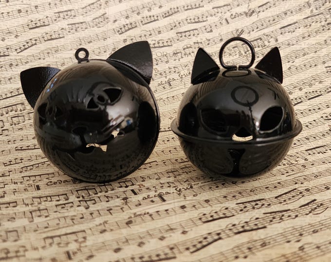 Black Cat Bell Ornaments - Vintage Cat Face Bells - Halloween Black Cat ...