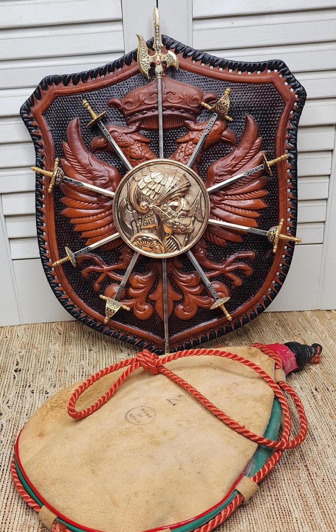 Vintage Toledo Leather Shield With Swords & Spear and Spanish Bota Bag ...
