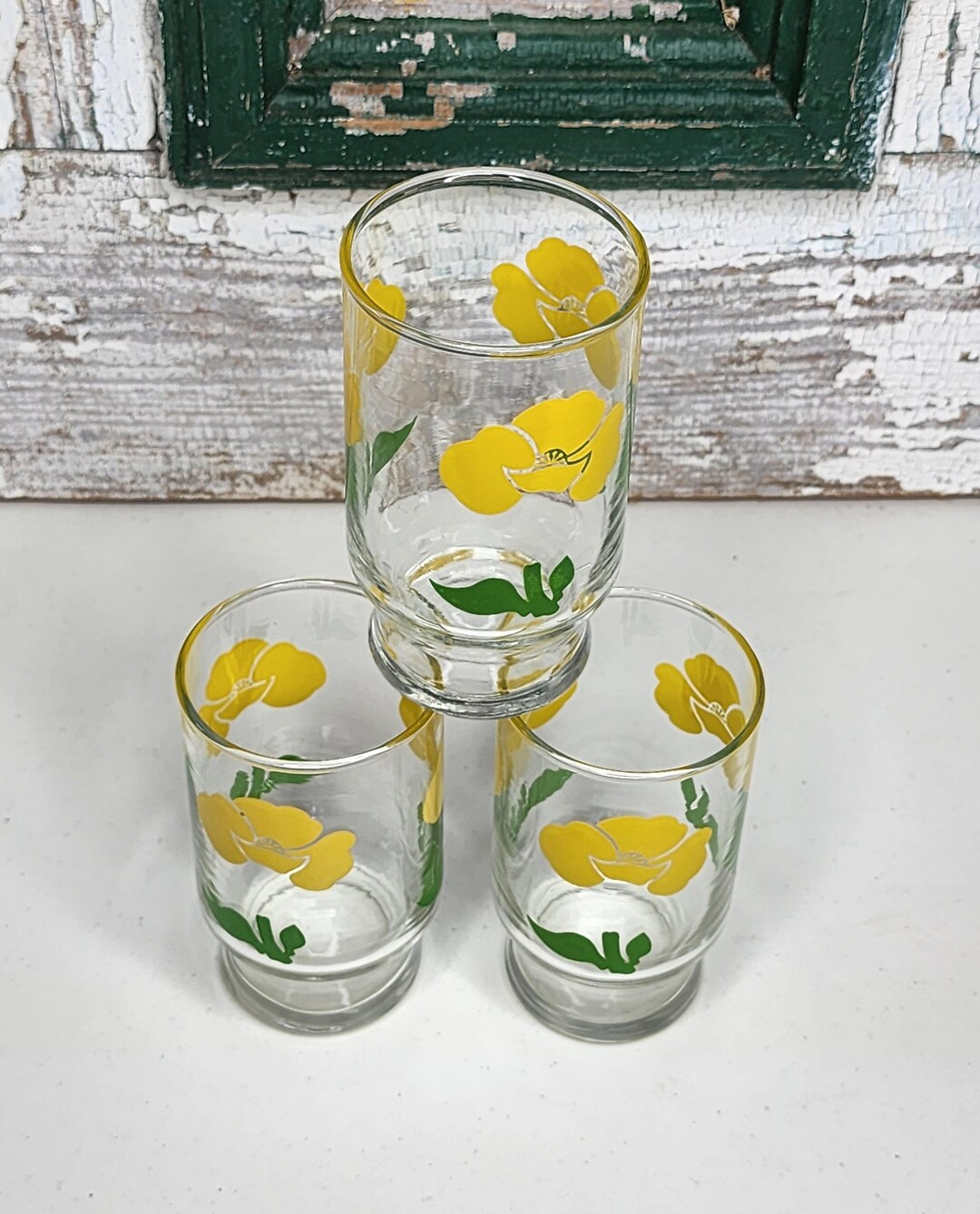 Vintage Anchor Hocking Yellow Foxy Poppy Flower Juice Glasses - 4 ...