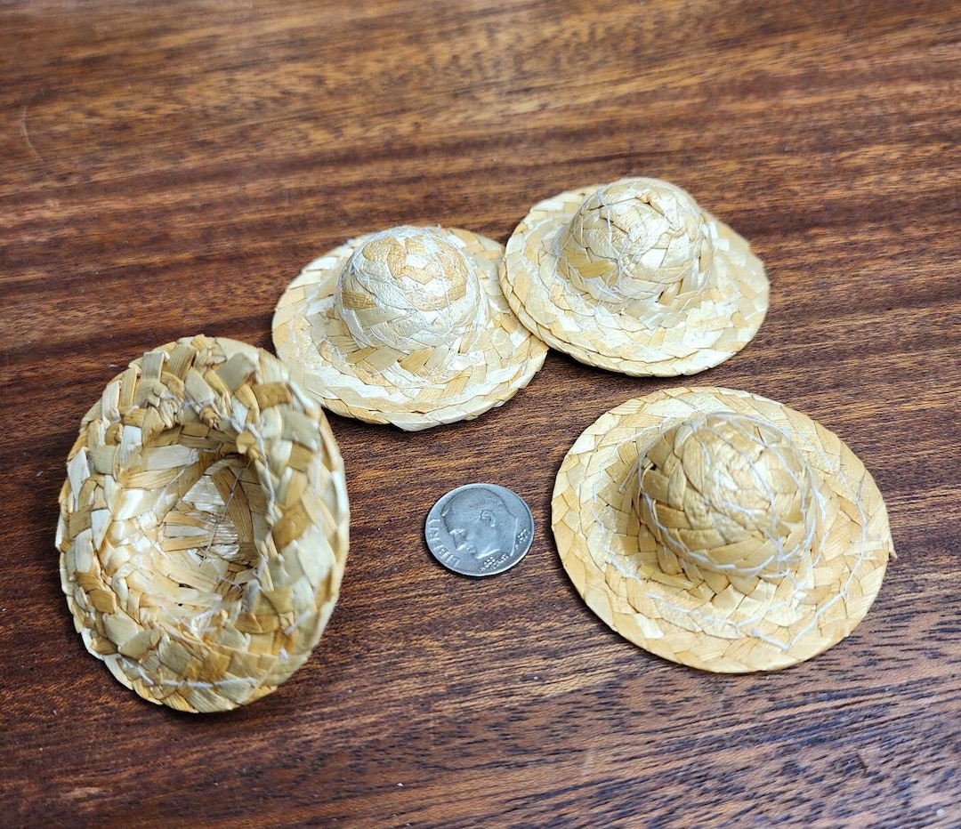 4 Miniature Straw Hats 2 Small Hats Miniature Doll Hats Vintage Craft ...