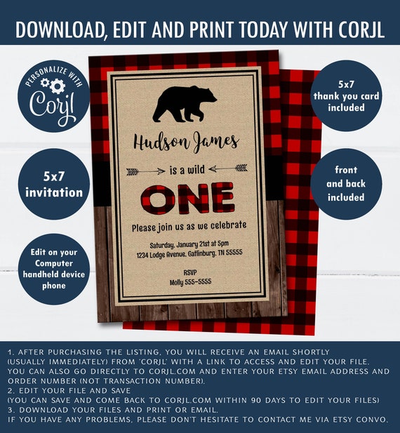Wild ONE Invitation, EDITABLE Rustic Buffalo Plaid Boys Birthday ...
