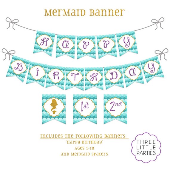 Mermaid Banner, Mermaid Printable Banner, INSTANT DOWNLOAD, Under the ...