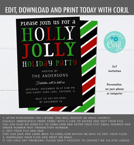 Editable Holiday Party Invitation | INSTANT DOWNLOAD | Holly Jolly ...
