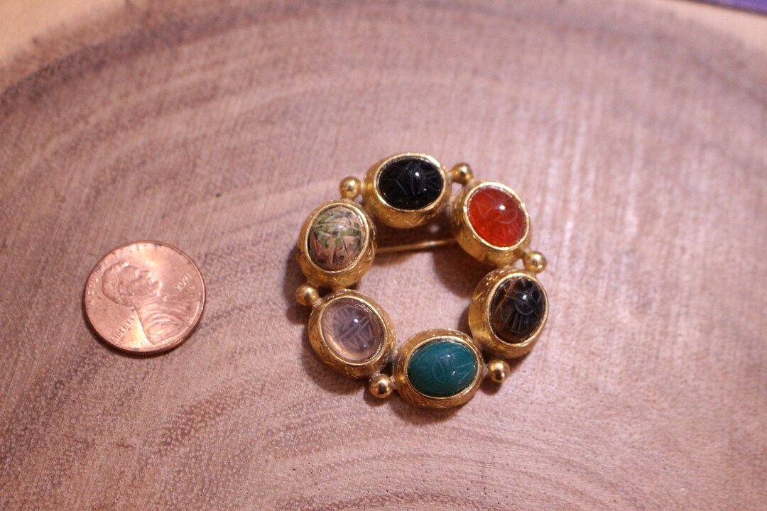 Vintage Egyptian Scarab Circle Pin Gold Brooch Carved Multicolor ...