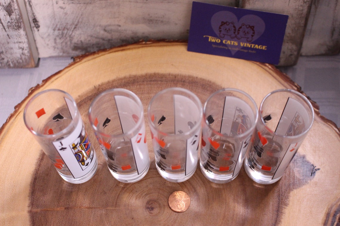 Vintage Set of Five Playing Card Shot Glasses, Ace (2), Jack (2), Queen ...
