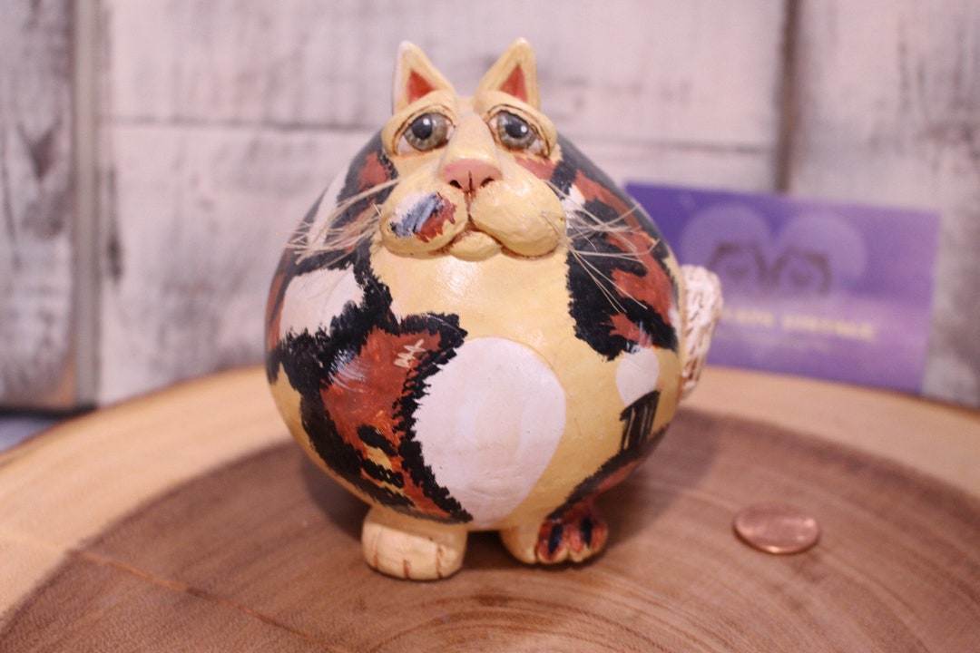 Vintage Enesco Vicki Thomas Cat Gourd, Calico and Round With Whiskers ...