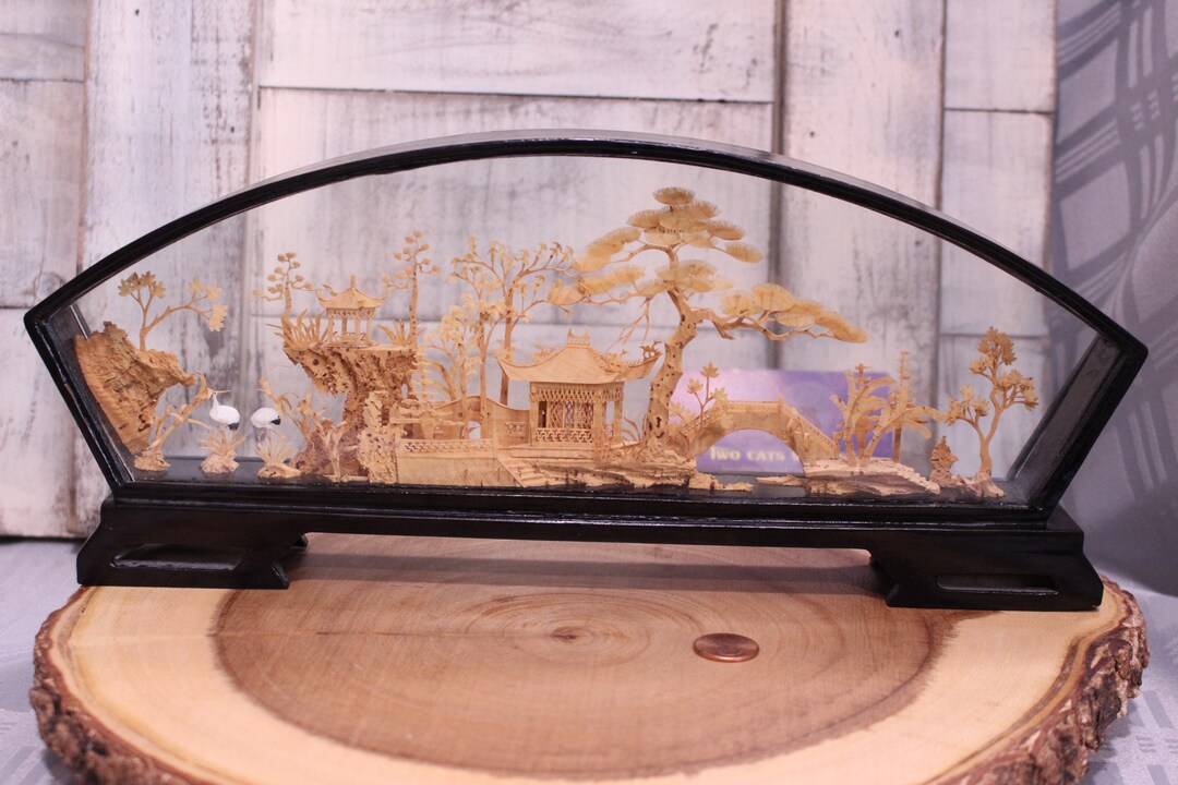 Large Oriental Cork Sculpture Temple, Bridge, Mountain, Trees & Cranes ...