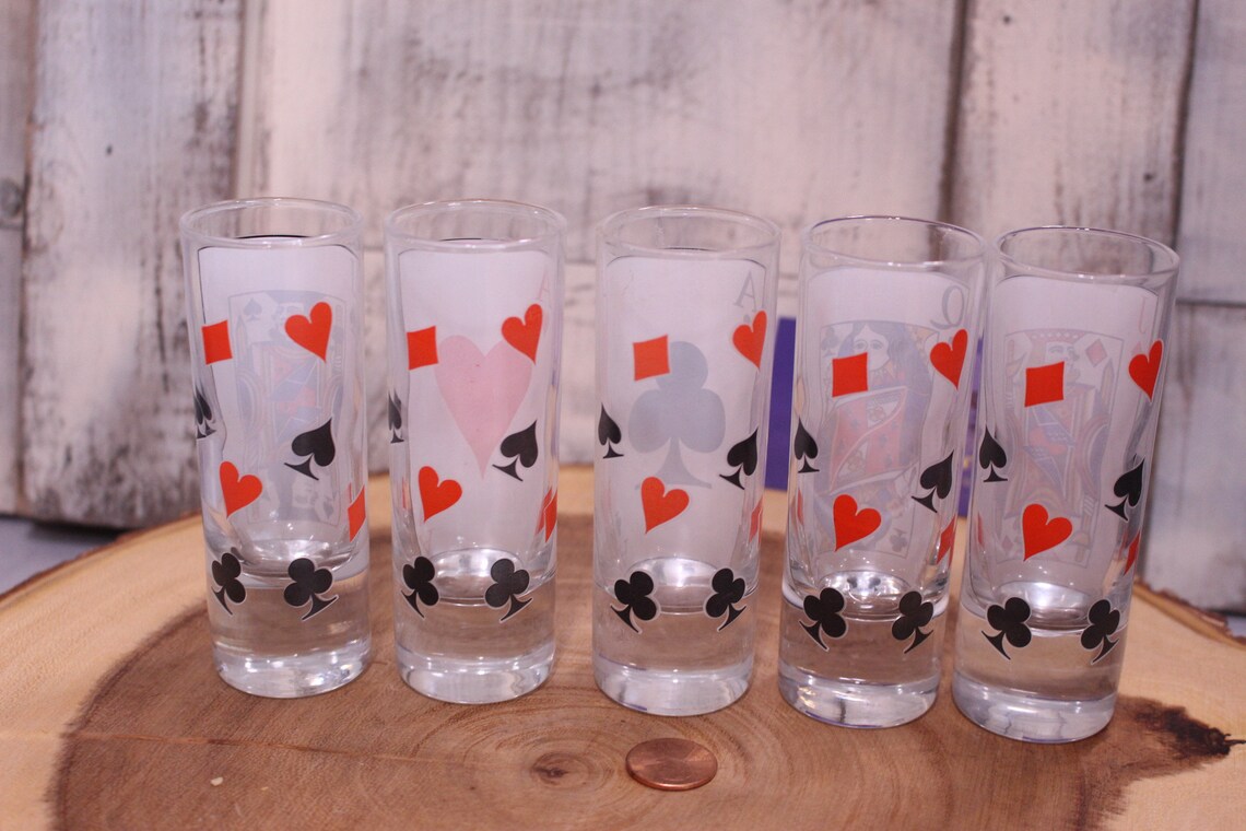 Vintage Set of Five Playing Card Shot Glasses, Ace (2), Jack (2), Queen ...