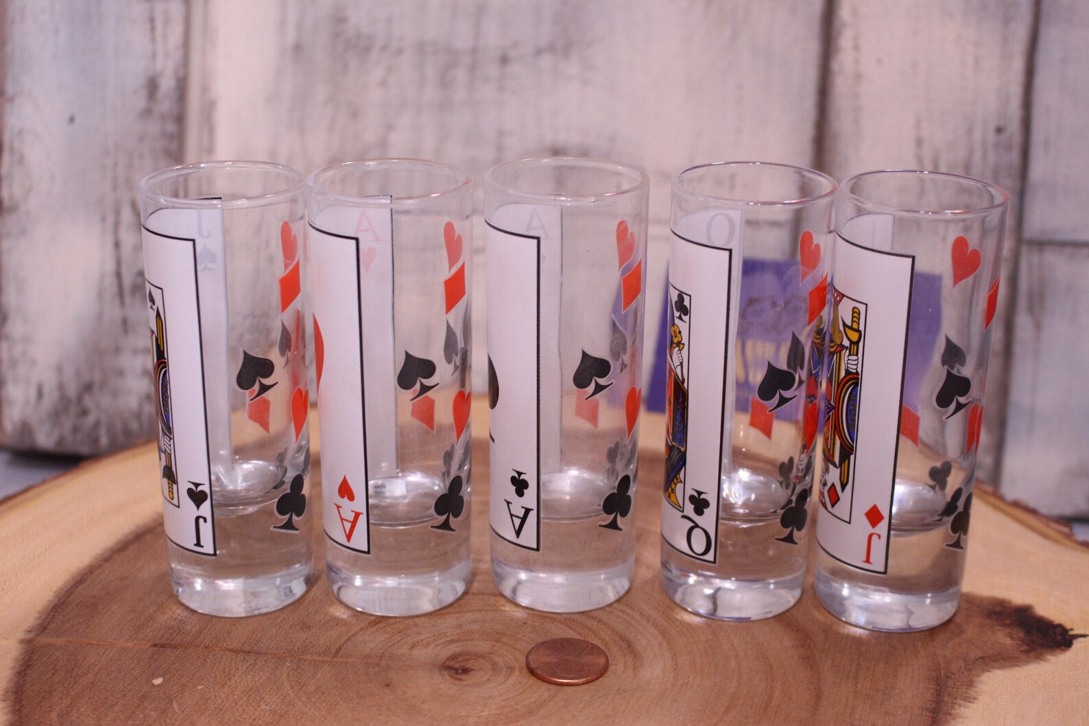 Vintage Set of Five Playing Card Shot Glasses, Ace (2), Jack (2), Queen ...