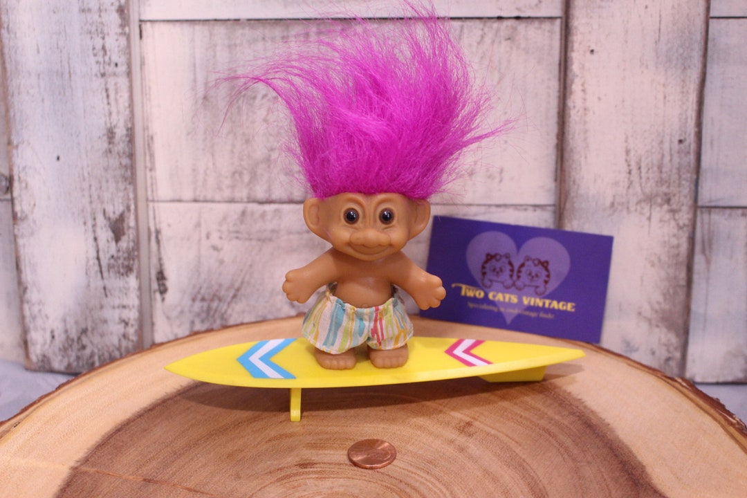 Vintage Fushia Hair Surfing Troll Doll, Fushia Hair, Wearing Colorful ...