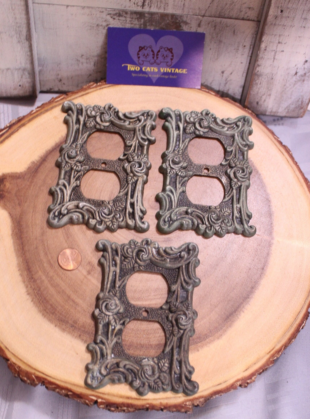 Vintage Mid Century Ornate Green Metal Outlet Covers, Scrolls and Roses ...